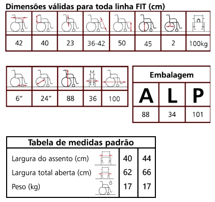 Cadeira de Rodas FIT Jaguaribe - 40cm - Preta - Bisturi Mat Hospitalar